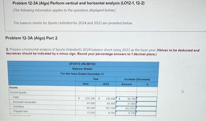 Solved Problem 12-3A (Algo) Perform vertical and horizontal | Chegg.com