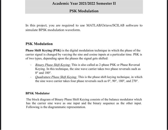 Solved Academic Year 2021/2022 Semester II PSK Modulation In | Chegg.com