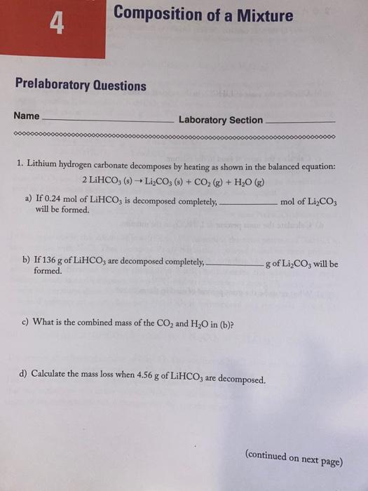 Solved Composition of a Mixture Prelaboratory Questions Name | Chegg.com