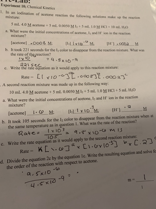 Solved TIL Lab Experiment 10; Chemical Kinetics 1. In an | Chegg.com