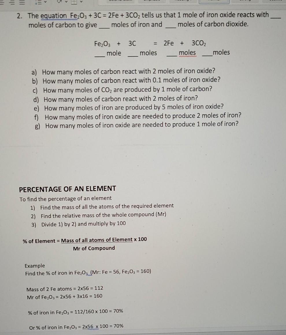 Solved 010 2. The equation Fe2O3 + 3C = 2Fe + 3C02 tells us | Chegg.com