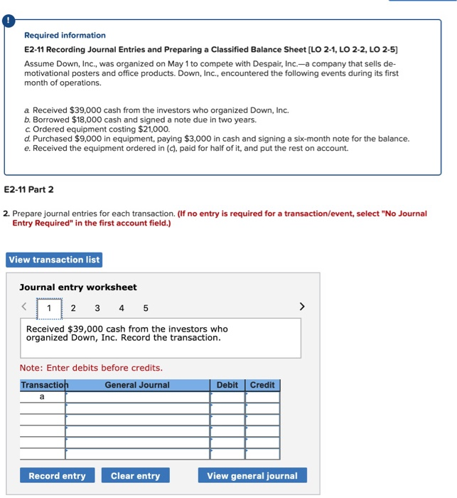 Solved Required information E2-11 Recording Journal Entries | Chegg.com