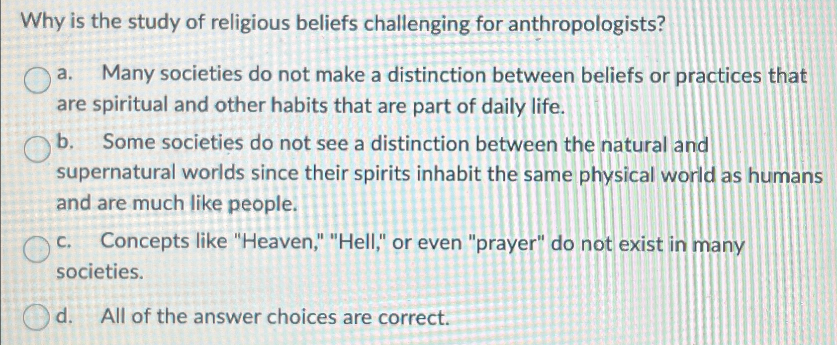 Solved Why is the study of religious beliefs challenging for | Chegg.com