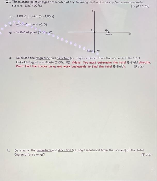 Solved Q1. Three static point charges are located at the | Chegg.com