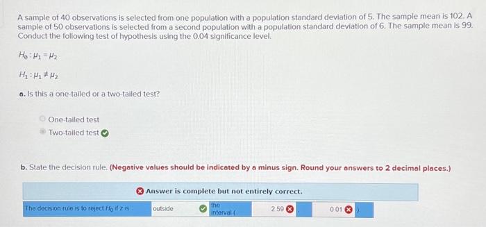 Solved A sample of 40 observations is selected from one | Chegg.com