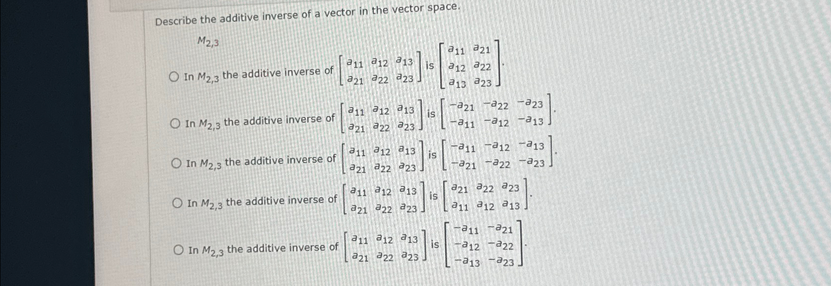 Solved Describe the additive inverse of a vector in the | Chegg.com