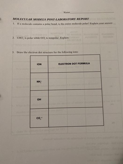 Solved Name MOLECULAR MODELS POST-LABORATORY REPORT 1. If a | Chegg.com