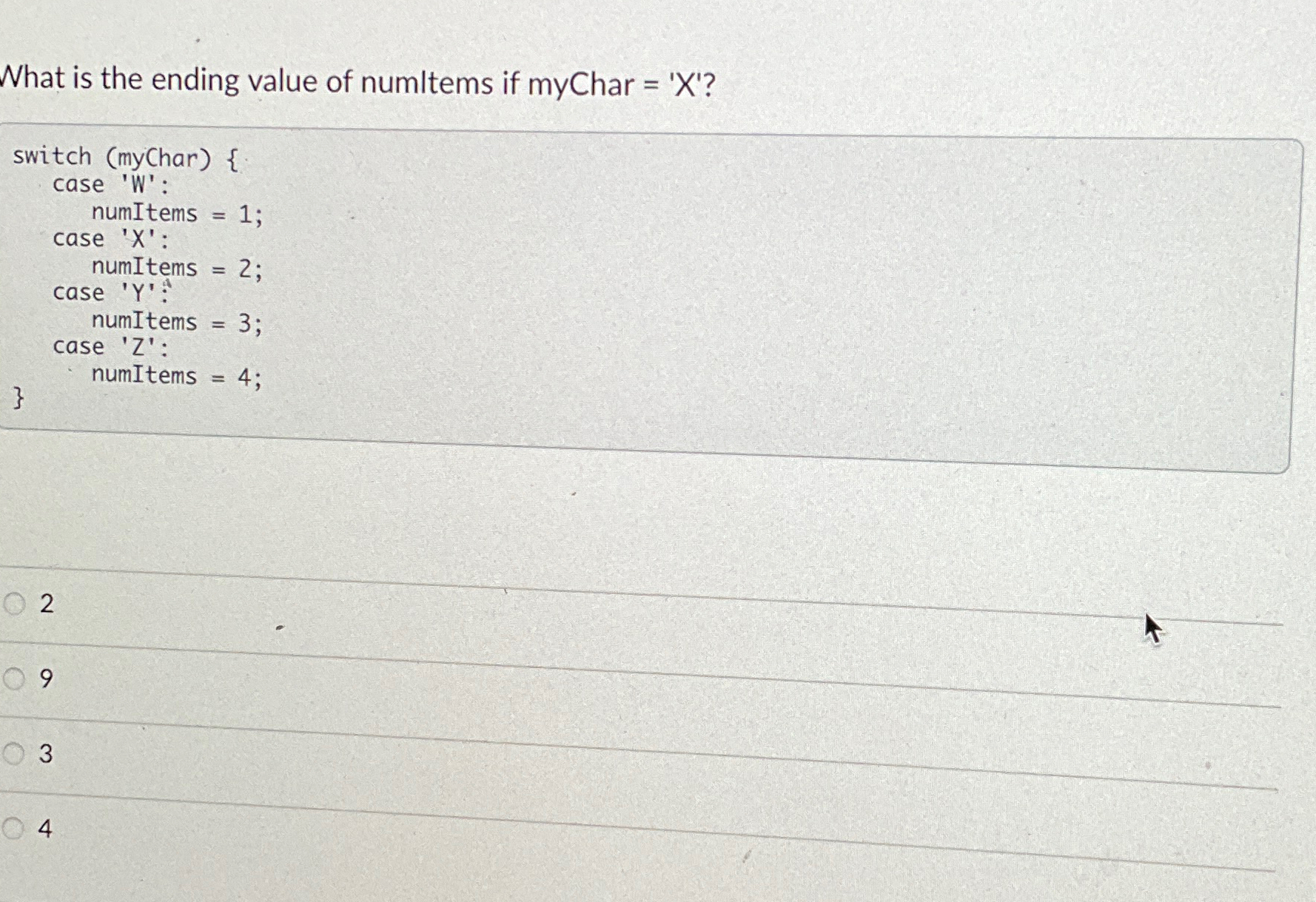 Solved What is the ending value of numltems if myChar | Chegg.com