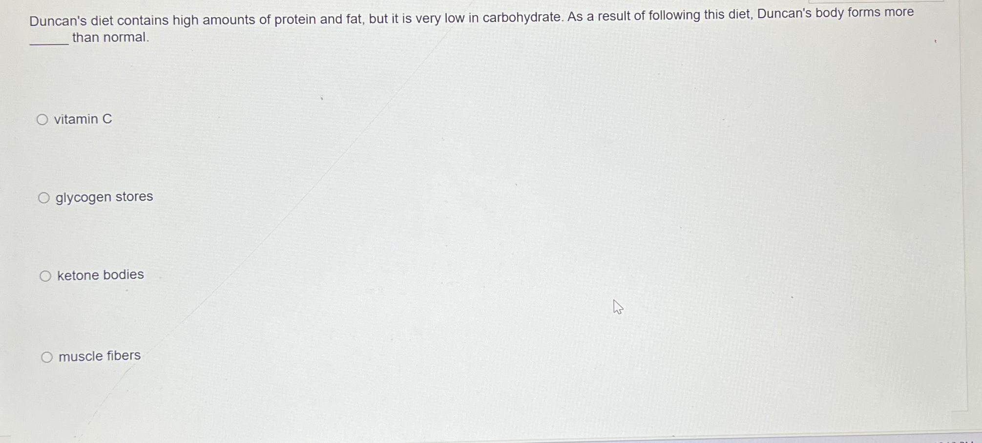 Solved Duncan's diet contains high amounts of protein and | Chegg.com
