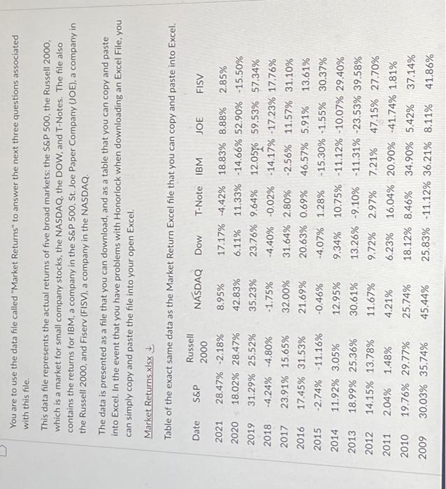 Solved You are to use the data file called "Market Returns" | Chegg.com