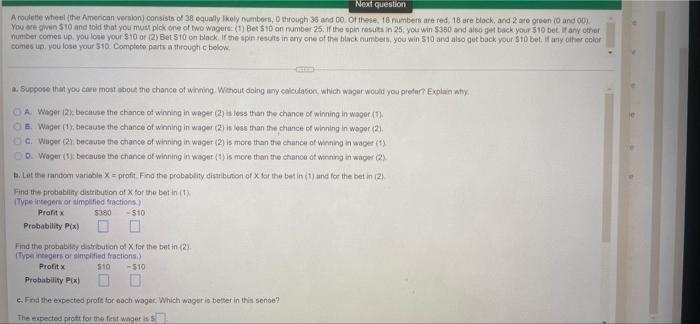 Solved Next question A roulette wheel (the American version) | Chegg.com
