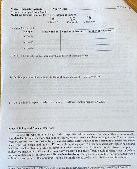 Solved Nuclear Chemistry Activity Andrewsky (adapted from | Chegg.com