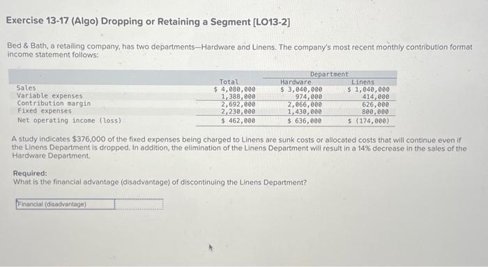 Solved Exercise 13-17 (Algo) Dropping or Retaining a Segment | Chegg.com
