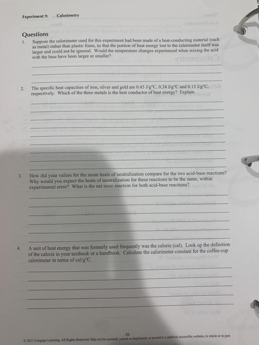 Solved Experiment 9: Calorimetry Questions 1 Suppose the | Chegg.com