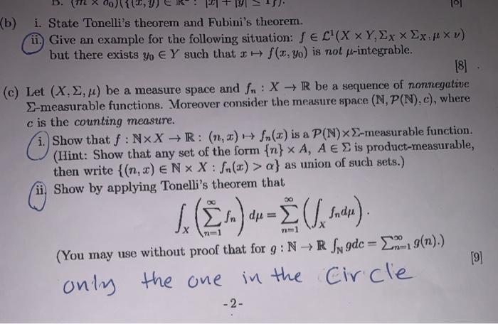 7 (b) i. State Tonelli's theorem and Fubini's | Chegg.com