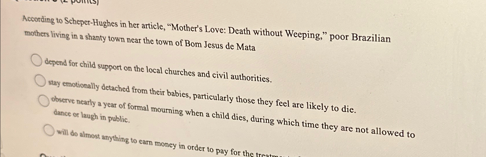 Solved According to Scheper-Hughes in her article, "Mother's | Chegg.com