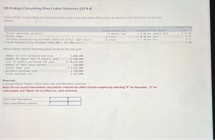 Solved E9-9 (Algo) Calculating Direct Labor Variances [LO | Chegg.com