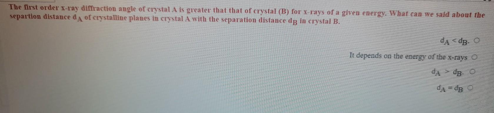 Solved The first order X-ray diffraction angle of crystal A | Chegg.com