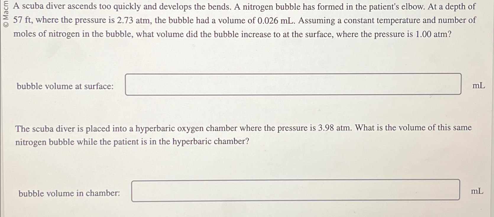 Solved E∼ ﻿A scuba diver ascends too quickly and develops | Chegg.com