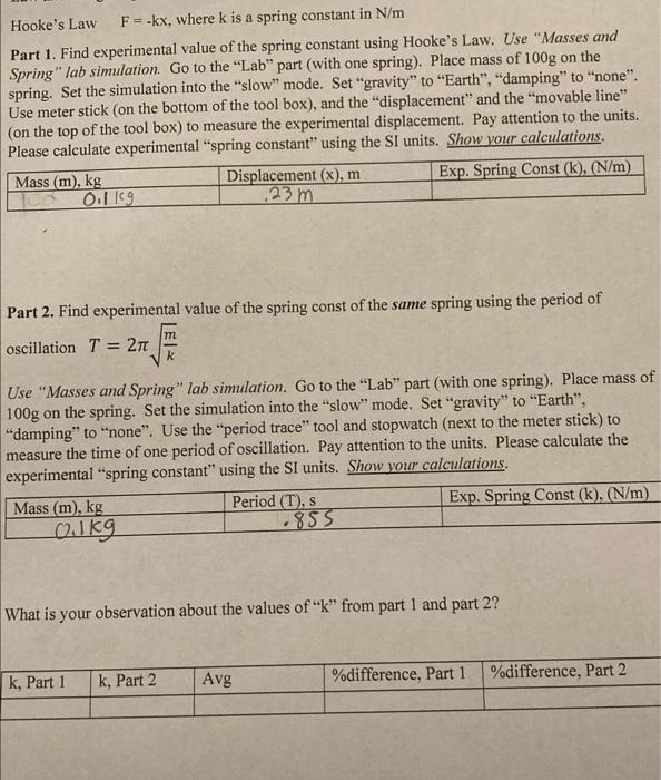 Solved Hooke's Law F = -kx, where k is a spring constant in | Chegg.com