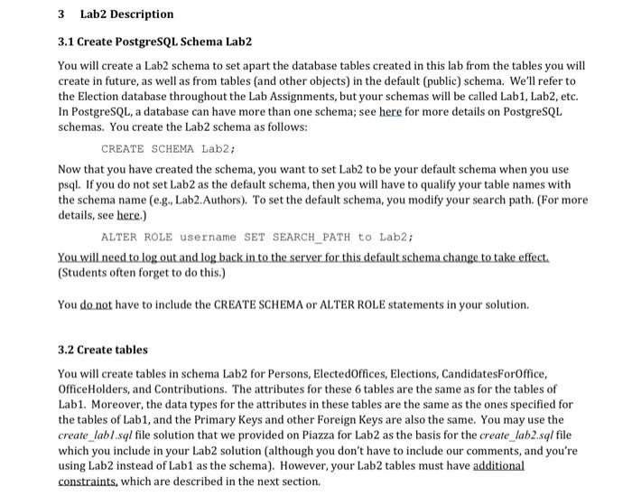 Solved 3.1 Create PostgreSQL Schema Lab2 You will create a | Chegg.com