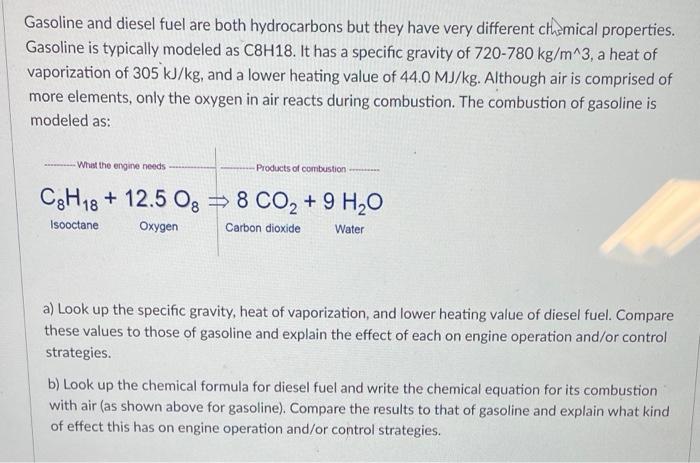 Solved Gasoline and diesel fuel are both hydrocarbons but | Chegg.com