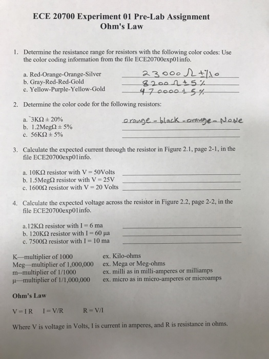 Solved ECE 20700 Experiment 01 Pre-Lab Assignment Ohm's Law | Chegg.com