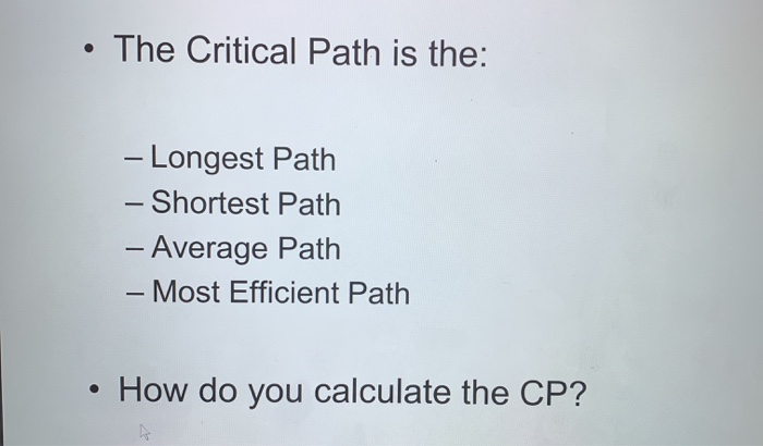 Solved • The Critical Path is the: - Longest Path - Shortest | Chegg.com