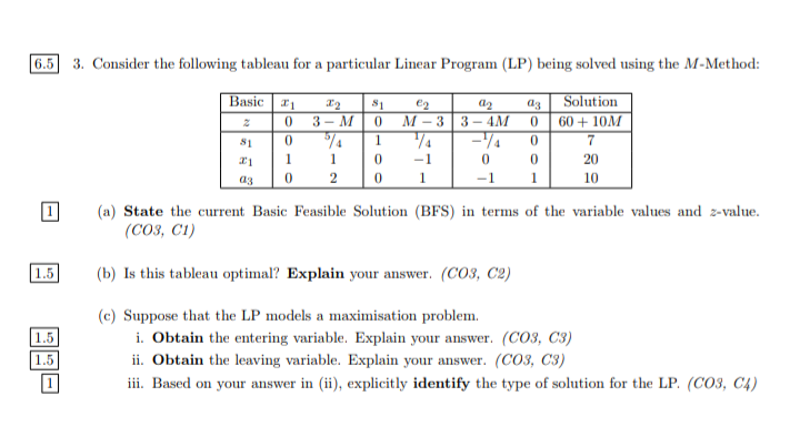 Solved 6.5 3. Consider the following tableau for a | Chegg.com