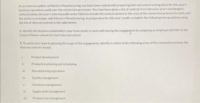 Solved As an internal auditor at Martin's Manufacturing you | Chegg.com