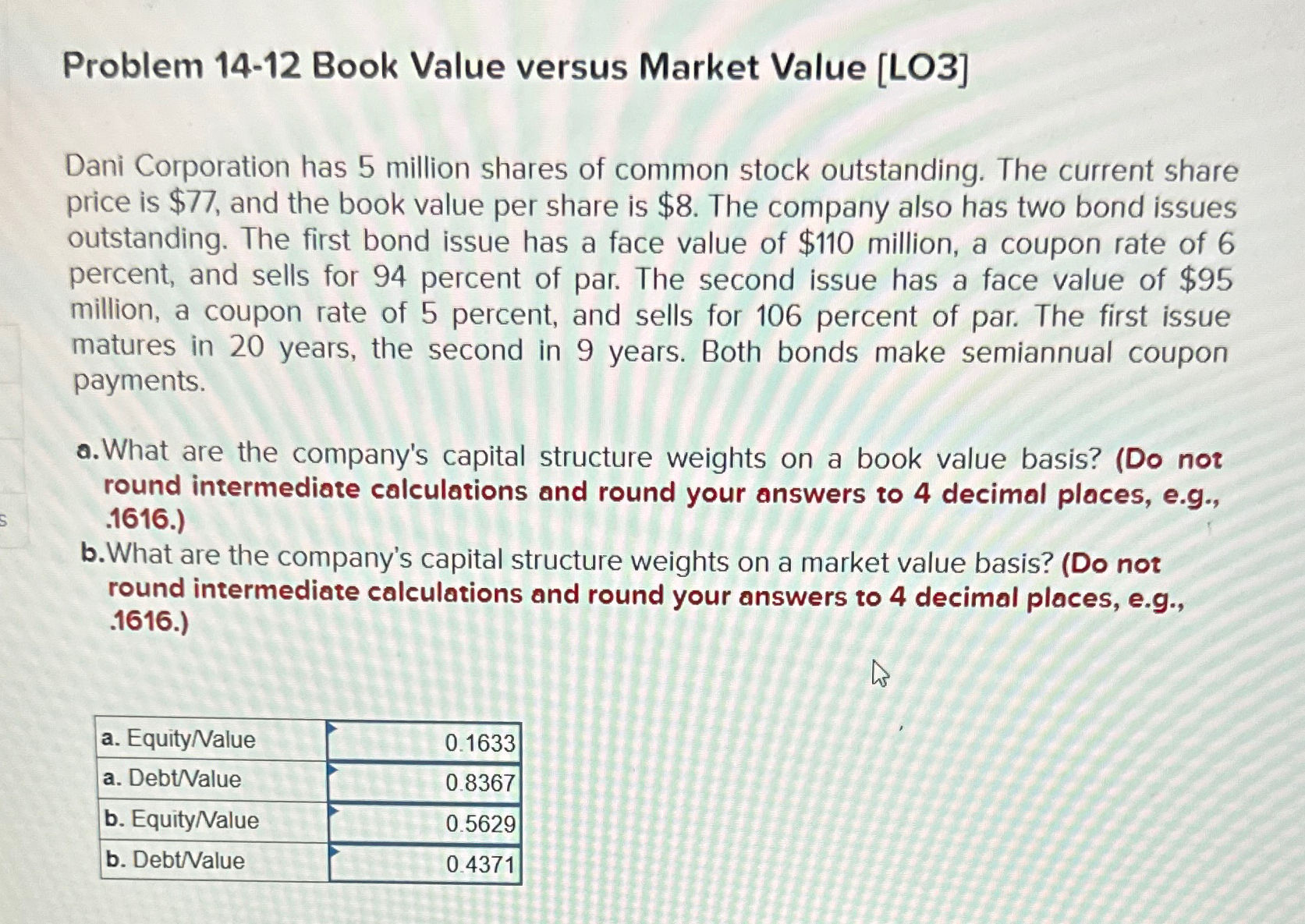 Solved Problem 14-12 ﻿Book Value versus Market Value | Chegg.com