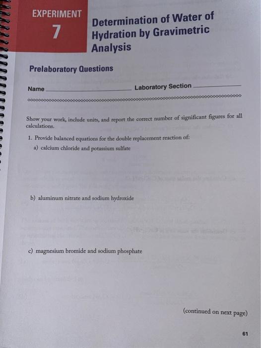 Solved EXPERIMENT Determination of Water of Hydration by | Chegg.com