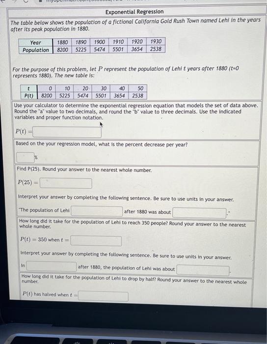 Solved Exponential Regression The table below shows the | Chegg.com