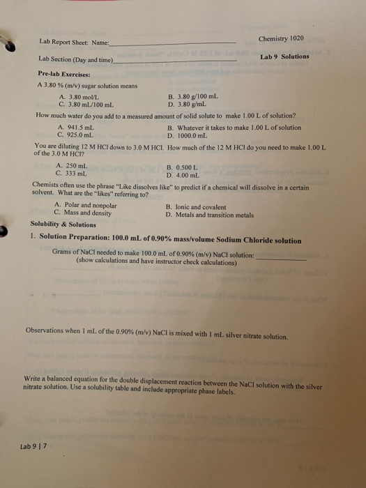Solved Chemistry 1020 Lab Report Sheet: Name: Lab 9 | Chegg.com