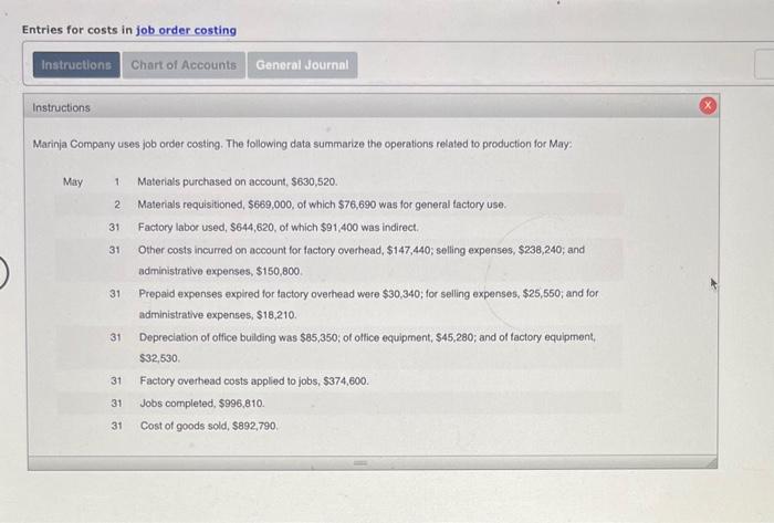 Solved Marinja Company uses job order costing. The following | Chegg.com