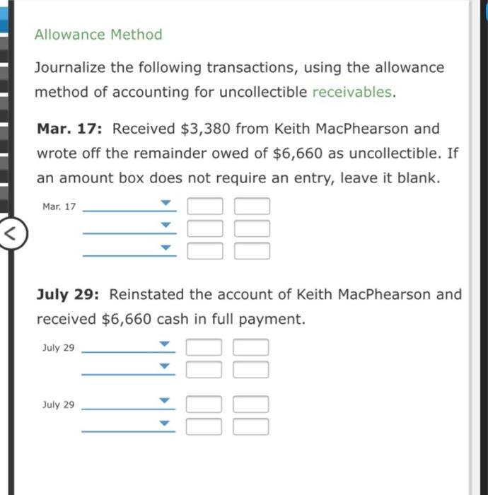 Solved Allowance Method Journalize the following | Chegg.com