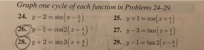 [Solved]: 26, 28 please Graph one cycle of each function in