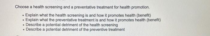 Solved Choose a health screening and a preventative | Chegg.com