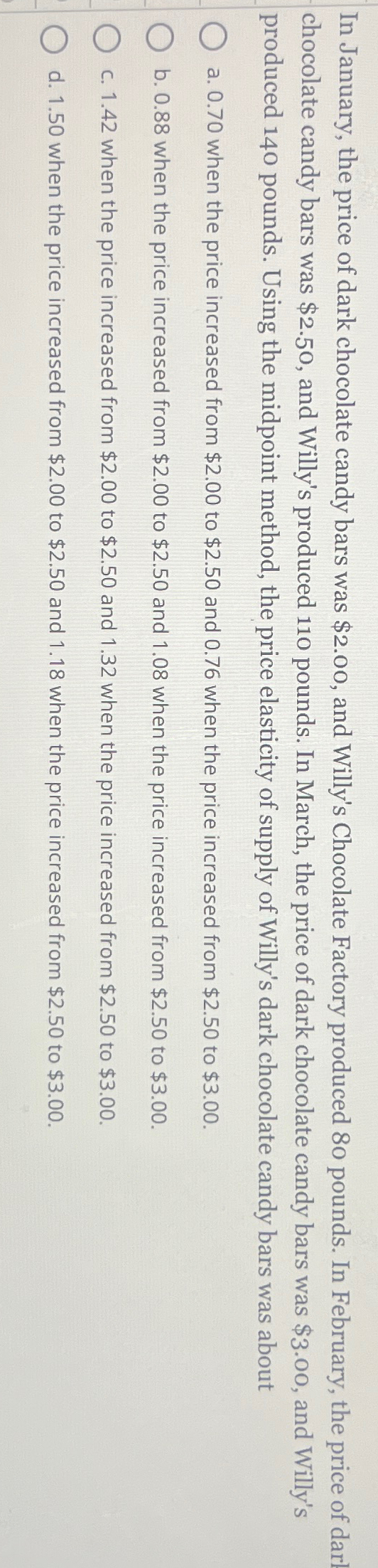 Solved In January, the price of dark chocolate candy bars | Chegg.com