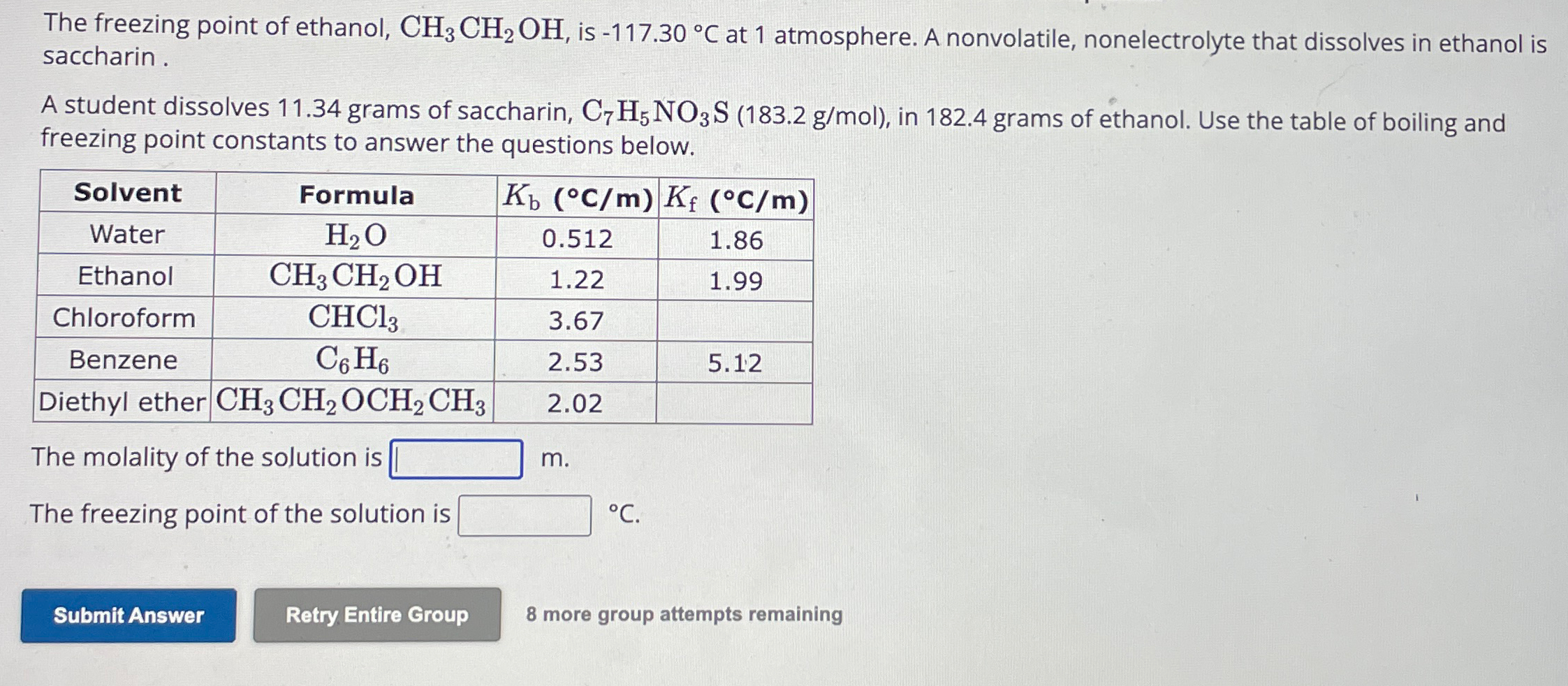 Solved The freezing point of ethanol, CH3CH2OH, ﻿is | Chegg.com