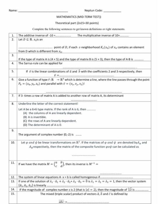 Solved Name: Neptun Code: MATHEMATICS (MID-TERM TEST)) | Chegg.com