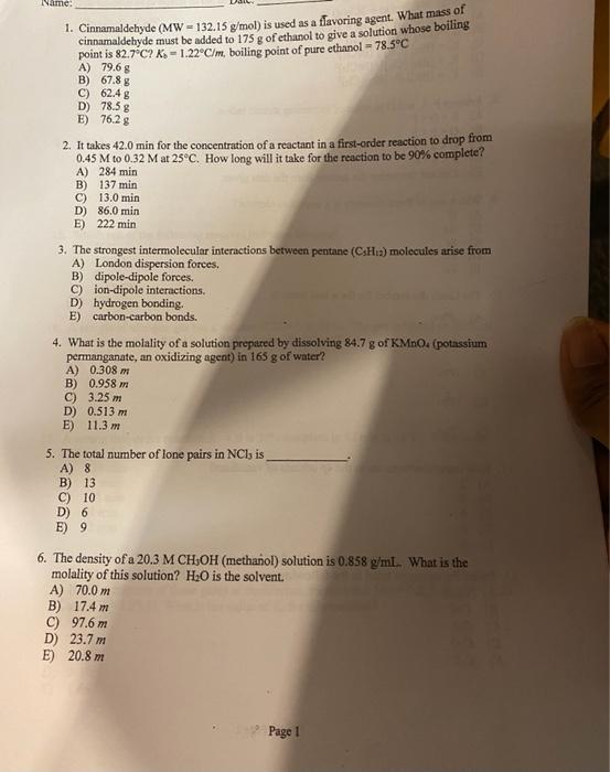 Solved Name 1. Cinnamaldehyde (MW-132.15 g/mol) is used as a | Chegg.com