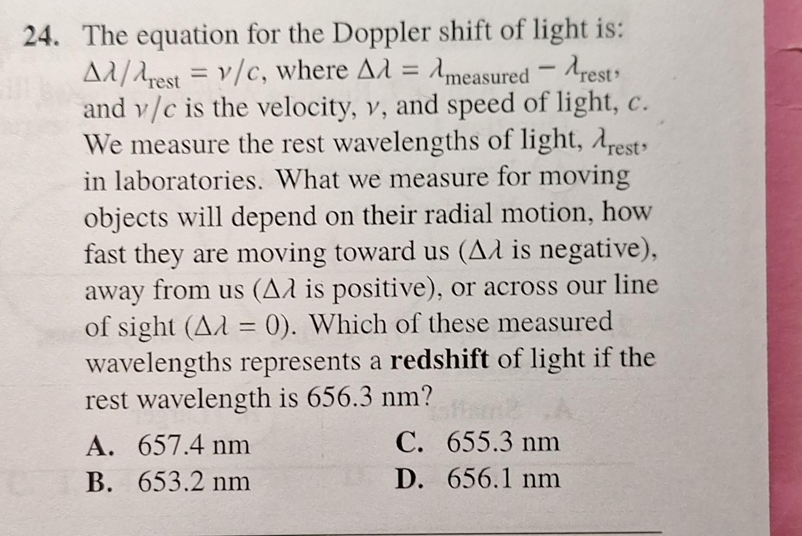 Solved 4. The equation for the Doppler shift of light is: | Chegg.com