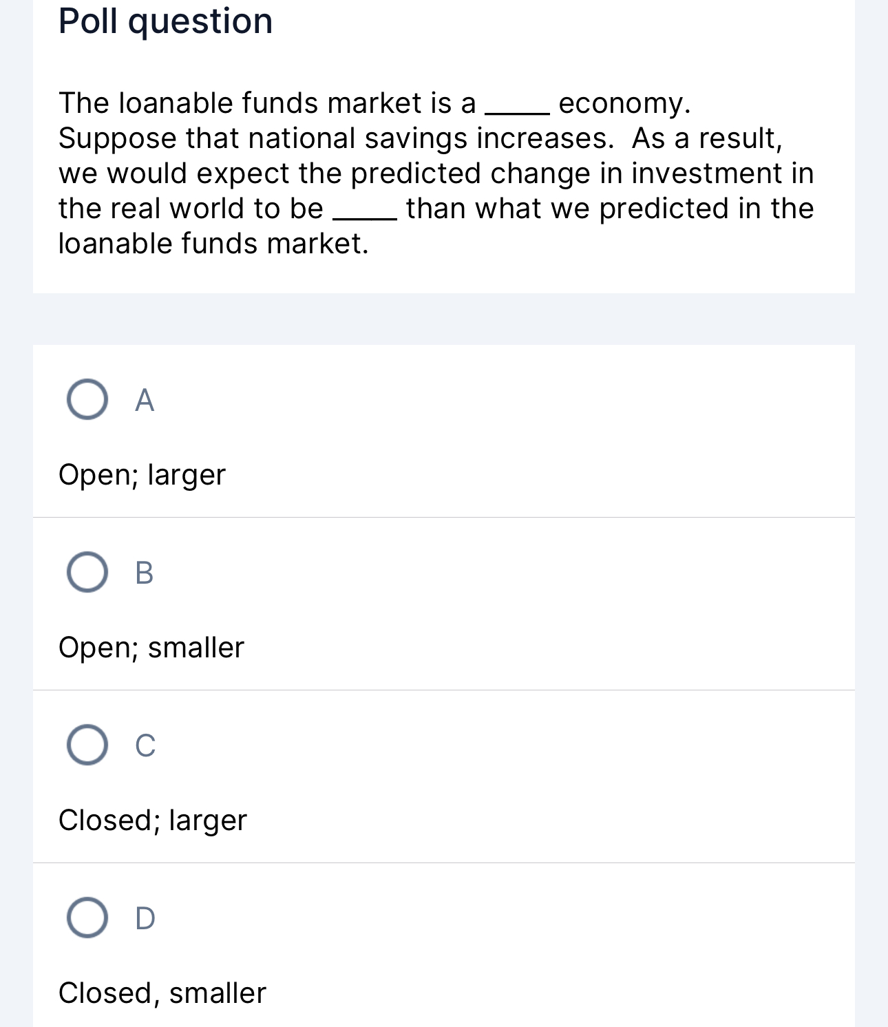Solved Poll questionThe loanable funds market is a economy. | Chegg.com