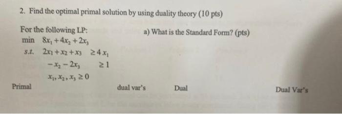 Solved 2. Find the optimal primal solution by using duality | Chegg.com