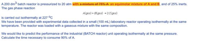 Solved A 200 dm3 batch reactor is pressurized to 20 atm with | Chegg.com