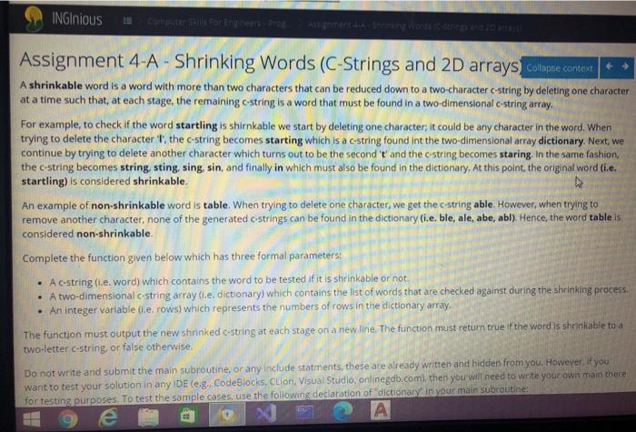 Solved Assignment 4-A - Shrinking Words (C-Strings and 2D | Chegg.com