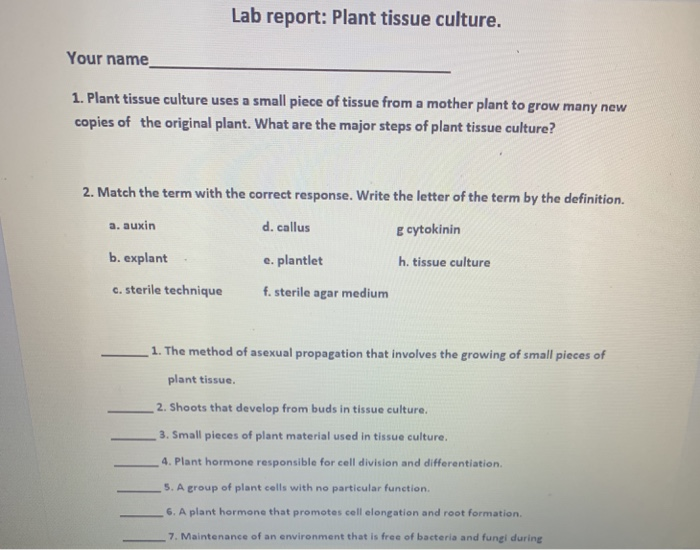 Solved Lab report: Plant tissue culture. Your name 1. Plant | Chegg.com
