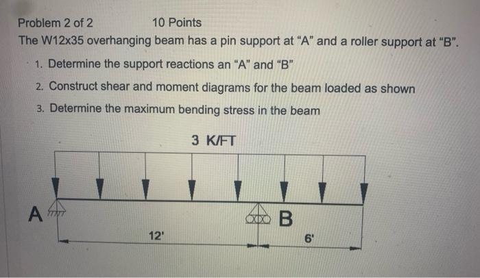 Solved Problem 2 of 2 10 Points The W12x35 overhanging beam | Chegg.com