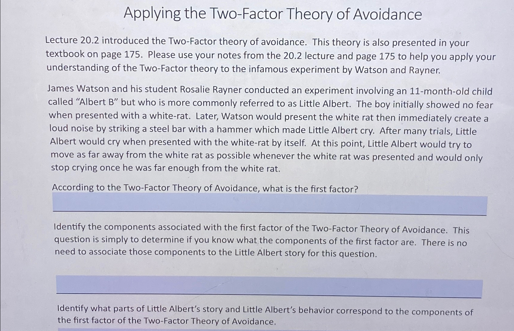 Solved Applying the Two-Factor Theory of AvoidanceLecture | Chegg.com